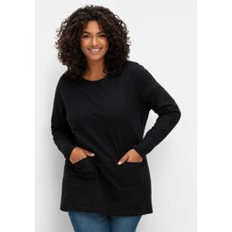 sheego Gro&szlig;e Gr&ouml;&szlig;en Longshirt mit aufgesetzten Taschen, schwarz, Gr&ouml;&szlig;e 46 - Damen