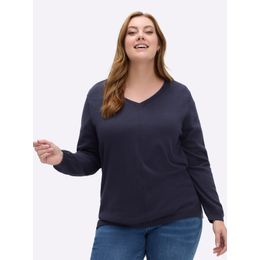 sheego Gro&szlig;e Gr&ouml;&szlig;en V-Ausschnitt-Pullover mit Biesen vorne, marine, Gr&ouml;&szlig;e 48 - Damen