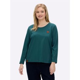 sheego Gro&szlig;e Gr&ouml;&szlig;en Langarmshirt mit Leder-Imitat-Patch, petrol, Gr&ouml;&szlig;e 50 - Damen
