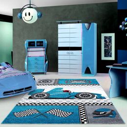 Kinderteppich Ayyildiz Teppiche "Kids 460" Gr. 2, blau, B:80cm H:12mm L:150cm, Kunstfaser, Teppiche, Kinderteppich, Kurzflor, Motiv Rennwagen, Auto, Spielteppich
