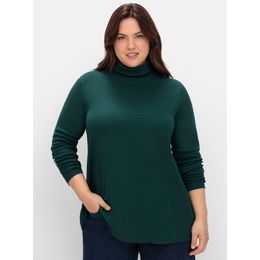 Langarmshirt sheego "Rollkragen-Shirt", Damen, Gr. 44/46, blau (tiefgrün), 100% Baumwolle, unifarben, Shirts Langarmshirt