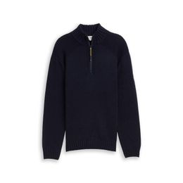 Tom Tailor Herren Troyer Strickpullover mit Ripp-Details, blau, Meliert, Gr. M