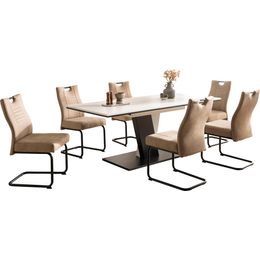 Essgruppe OTTO HOME ""Altona", Esstisch ausziehbar plus 6 Stühle, TOPSELLER", weiß, beige, beige, schwarz, Microfaser, Synchron-Auszug, Sitzmöbel-Sets, Essgruppe