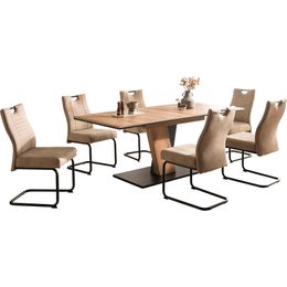 Essgruppe OTTO HOME ""Altona", Esstisch ausziehbar plus 6 Stühle, TOPSELLER", eiche, beige, beige, schwarz, Microfaser, Synchron-Auszug, Sitzmöbel-Sets, Essgruppe