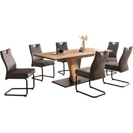 Essgruppe OTTO HOME ""Altona", Esstisch ausziehbar plus 6 Stühle, TOPSELLER", eiche, anthrazit, anthrazit, schwarz, Microfaser, Synchron-Auszug, Sitzmöbel-Sets, Essgruppe