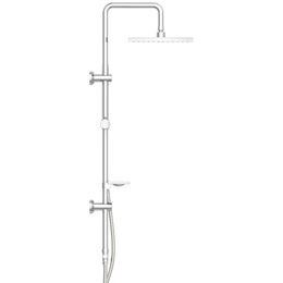 Stangenbrause-Set Welltime "LINA", silber (chromfarben, eckig), H:105cm T:34cm, Messing, Brausegarnituren, Überkopfbrause mit Seifenablage, 20 cm Kantenlänge.