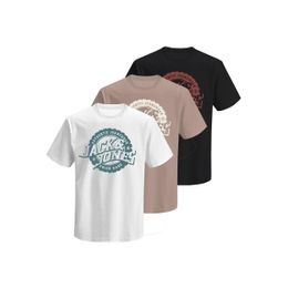 Jack & Jones Rundhalsshirt JACK & JONES "JPRBLUBARON SS TEE FST 3PK MP", Herren, Gr. L, schwarz sand pack:simply taupe, wei&szlig;, Jersey, Obermaterial: 100% Baumwolle, bedruckt, normal, Rundhals, Shirts Rundhalsshirt