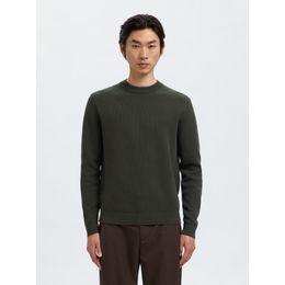 Rundhalspullover Selected "SLHDANE LS KNIT STRUCTURE CREW NECK NOOS", Herren, Gr. L, gr&uuml;n (deep forest), Strick, Obermaterial: 100% Baumwolle, unifarben, regular fit normal, Rundhals, Rippb&uuml;ndchen, Pullover Rundhalspullover