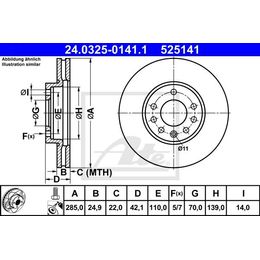 ATE Bremsensatz, Scheibenbremse 1420-43001 vorne rechts links bel&uuml;ftet 285mm f&uuml;r FIAT VAUXHALL SAAB OPEL 71772553 9156807 46844071