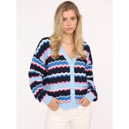 Strickjacke Zwillingsherz ""Streifen Wellen"", Damen, Gr. L/XL, blau (blau pink), Strick, Obermaterial: 100% Baumwolle, h&uuml;ftlang, V-Ausschnitt, Strickjacken Strickjacke, Wellen-Muster, Langarm, V-Ausschnitt, Baumwolle, Kn&ouml;pfe