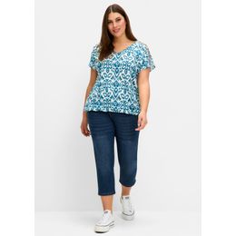 T-Shirt sheego "T-Shirt", Damen, Gr. 52/54, gr&uuml;n (dunkelpetrol, gemustert), 60% Baumwolle, 40% Polyester, bedruckt, gemustert, V-Ausschnitt, Shirts T-Shirt
