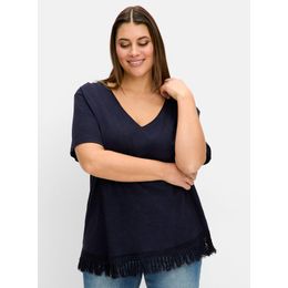 T-Shirt sheego "T-Shirt", Damen, Gr. 44/46, blau (tiefblau), 50% Baumwolle, 50% Viskose, unifarben, V-Ausschnitt, Shirts T-Shirt