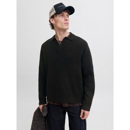 Jack & Jones Strickpullover JACK & JONES "JCOCOVER KNIT SPLIT NECK POLO", Jungen, Gr. XL, schwarz, Strick, Obermaterial: 60% Polyester, 40% Baumwolle, unifarben, relaxed fit normal, Pullover Strickpullover