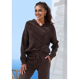 Kapuzenpullover French Connection, Damen, Gr. 44/46, braun, Strick, Obermaterial: 33% Nylon, 32% Polyacryl, 30% Baumwolle, 5% Elasthan, Zopfmuster, h&uuml;ftlang, Rundhals, Rippstrickb&uuml;ndchen, Pullover Kapuzenpullover