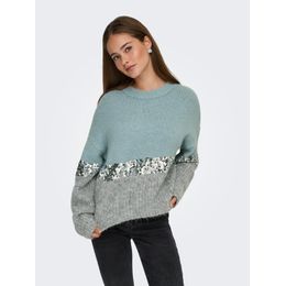 Rundhalspullover Only "ONLMAINE LIFE LS SEQUIN BLOCK O-NECK KNT", Damen, Gr. M, arona detail:sliver sequins, light grau mel, Strick, Obermaterial: 70% Polyester, 21% Nylon, 8% Wolle, 1% Elasthan, colorblocking, regular fit, Rundhals, Pullover Rundhalspullover