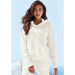 Kapuzenpullover French Connection, Damen, Gr. 36/38, creme, Strick, Obermaterial: 33% Nylon, 32% Polyacryl, 30% Baumwolle, 5% Elasthan, Zopfmuster, h&uuml;ftlang, Rundhals, Rippstrickb&uuml;ndchen, Pullover Kapuzenpullover, mit Zopfmuster und Rippb&uuml;ndchen, Loungewear
