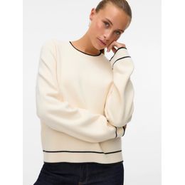 V&eacute;ro Moda Strickpullover VERO MODA "VMGOLD LS O-NECK DOUBLE CONTRAST PULL", Damen, Gr. S, birch detail:with schwarz, Strick, Obermaterial: 50% Viskose, 28% Polyester, 22% Nylon, unifarben mit Farbeinsatz, regular fit normal, Rundhals, Pullover Strickpullover