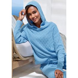 Kapuzenpullover French Connection, Damen, Gr. 44/46, blau, Strick, Obermaterial: 33% Nylon, 32% Polyacryl, 30% Baumwolle, 5% Elasthan, Zopfmuster, h&uuml;ftlang, Rundhals, Rippstrickb&uuml;ndchen, Pullover Kapuzenpullover