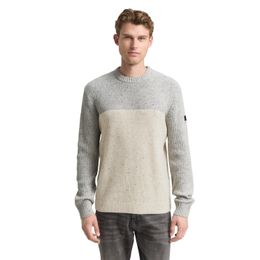 Rundhalspullover Tom Tailor, Damen, Gr. L, grau sanftes wei&szlig; nep colorblock, Strick, Obermaterial: 60% Baumwolle, 40% Polyacryl, colorblocking, regular fit normal, Rundhals, Rippb&uuml;ndchen, Pullover Rundhalspullover, mit Logo Stickerei