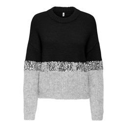 Rundhalspullover Only "ONLMAINE LIFE LS SEQUIN BLOCK O-NECK KNT", Damen, Gr. S, schwarz detail:sliver sequins, light grau mel, Strick, Obermaterial: 70% Polyester, 21% Nylon, 8% Wolle, 1% Elasthan, colorblocking, regular fit, Rundhals, Pullover Rundhalspullover