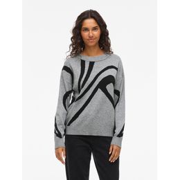 Strickpullover Vila "VITIF JACQUARD L/S KNIT TOP - NOOS", Damen, Gr. M, medium grau melange detail:schwarz, animal, Strick, Obermaterial: 50% Viskose, 28% Polyester, 22% Nylon, Jacquardmuster, gemustert, regular fit h&uuml;ftbedeckend, Rundhals, Rippb&uuml;ndchen, Pullover Strickpullover