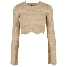 Rundhalspullover Urban Classics "Urban Classics Damen Ladies Cropped Crochet Knit Sweater", Damen, Gr. M, softseagrass, 100% Polyacryl, unifarben, relaxed fit, Rundhals, Pullover Rundhalspullover