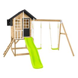 Spielhaus 'Holli 3' naturfarben mit Rutsche und Doppelschaukel 370 x 352 x 224 cm