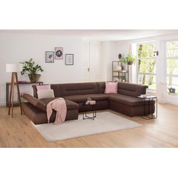 Wohnlandschaft Home Affaire, B:355cm H:80cm T:216cm, braun, 100% Polyester, Sofas, "Avesa U-Form", Wahlweise mit Armteilverstellung und Bettfunktion,