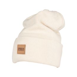 Beanie Urban Classics "Urban Classics Unisex Synthetic Leatherpatch Long Beanie", Damen, Gr. onesize, sand, Kunstfaser, M&uuml;tzen Beanie