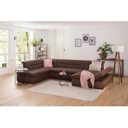 Wohnlandschaft Home Affaire, B:355cm H:80cm T:216cm, braun, 100% Polyester, Sofas, "Avesa U-Form", Wahlweise mit Armteilverstellung und Bettfunktion,