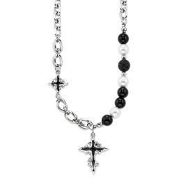 Bruno Banani Damen Kette mit Anhänger "Schmuck Geschenk Edelstahlkette mit Kreuz schwarz emalliert", Edelstahl Lava Perlen, L: 53 B: