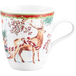 Becher Seltmann Weiden "Life - Hirsch mit Schlitten", wei&szlig;, bunt, B:9cm H:10,3cm &Oslash;:12,8cm, Porzellan, Trinkgef&auml;&szlig;e, Becher