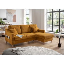 Ecksofa Home Affaire, B:228cm H:94cm T:150cm, gold, 100% Polyester, Wohnzimmer, Sofas, "Valentina L-Form", 2 Zierkissen, mit Seitentasche,
