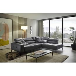 Ecksofa Home Affaire, B:276cm H:71cm T:219cm, grau, 100% Leder, Wohnzimmer, Sofas, "Claya, L-Form, incl. Kopfteilverstellung, Breite 276 cm",