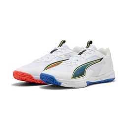 Sneaker Puma "Accelerate Pro 4 Game On Handballschuhe Erwachsene", Damen, Gr. 41, wei&szlig; glowing rot ultra blau, Obermaterial: Synthetik, Textil; Futter: Textil; Innensohle: Textil; Laufsohle: Gummi, Synthetik, Schuhe Sneaker