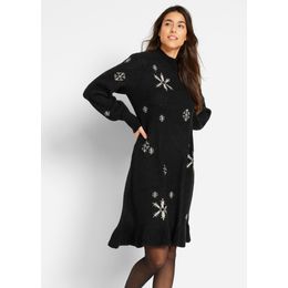 bonprix Strickkleid mit Schneeflocken-Print, schwarz