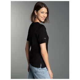TRIGEMA Damen T-Shirt "TRIGEMA T-Shirt DELUXE Baumwolle mit Kristallsteinen", schwarz, Basic, Gr. L, Single Jersey, 100% Baumwolle, Shirts
