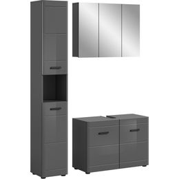 Badmöbel-Set Welltime "Doux, bestehend aus: Hochschrank, Waschbeckenunterschrank", grau (grau, grau hochglanz), B:125cm H:190cm T:34cm, Holzwerkstoff, MDF, Kastenmöbel-Sets, Badmöbel-Set, Spiegelschrank, hochwertige hochglanz MDF Front mit Rillenfräsung