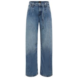 Weite Jeans BOSS Orange "PLEATED BARREL 1.0 Premium Damenmode", Damen, Gr. 28, Länge 32, medium blau 422, Denim/Jeans, Obermaterial: 61% Baumwolle, 39% Lyocell, unifarben, lang, Jeans