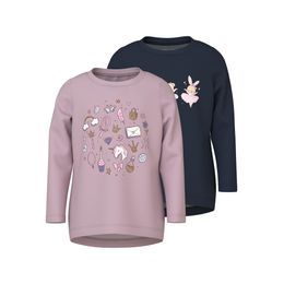Langarmshirt name it "NMFVIX 2P LS TOP", M&auml;dchen, Gr. 104, dawn pink pack:navy blazer, Jersey, Obermaterial: 95% Baumwolle, 5% Elasthan, bedruckt, regular fit normal, Rundhals, Shirts Langarmshirt