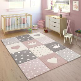 Kinderteppich Paco Home "Cosmo 339", pink, B:120cm H:16mm L:170cm, Polypropylen, Teppiche, Kinderteppich, Kurzflor, Pastell-Farben, 3D-Effekt, Motiv Herz, Punkte & Krone