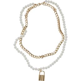Edelstahlkette Urban Classics "Urban Classics Unisex Padlock Pearl Layering Necklace", gold, Halsketten, Damen, onesize, Edelstahlkette