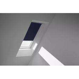 Verdunklungsrollo Velux "DKL 1100S", blau (dunkelblau, alufarben), P04, stufenlos positionierbar, Polyester, Rollos, Verdunklungsrollo, Stoff dunkelblau mit wei&szlig;en F&uuml;hrungsschienen & Griffleiste
