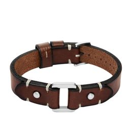 Armband Fossil "Schmuck Geschenk Edelstahl Leder Armschmuck MACHINE", edelstahlfarben, braun, Armbänder, Damen, 25cm, Edelstahl Leder, Edelstahl, Leder, Armband