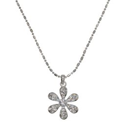 Kette mit Anh&auml;nger Steuer "Metall glanz Blume Glasstein wei&szlig;", silber, Halsketten, Damen, 54,0cm, Metall, L: 50, gl&auml;nzend