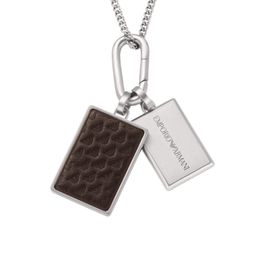 Kette mit Anhänger EMPORIO ARMANI "Schmuck Geschenk Edelstahl Halsschmuck EAGLE LOGO Dog Tag", edelstahlfarben, braun, Halsketten, Damen, Edelstahl Leder, L: 50 B: 3mm, Edelstahl, Leder, B:3mm