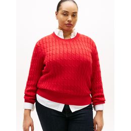 Rundhalspullover Tommy Hilfiger Curve "CRV CO CABLE MID GG C-NK LS SWT", Damen, Gr. 50, primary rot, Strick, Obermaterial: 100% Baumwolle, unifarben, Rundhals, Rippb&uuml;ndchen, Pullover Rundhalspullover
