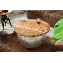 Riess Ambiente Runder Couchtisch DRUMP STORAGE 70cm natur silber Mangoholz mit Stauraum handmade Industrial Riess-Ambiente Sofatisch Wohnzimmertisch Säulentisch