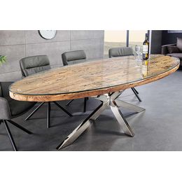 Riess Ambiente Massiver Esstisch BARRACUDA 220cm braun Teakholz silber Sterngestell Glasplatte Riess-Ambiente Esszimmertisch oval 8+ Personen Industrie & Loft...