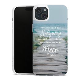 DeinDesign iPhone 15 Plus Handy Silikon H&uuml;lle Case wei&szlig; Handyh&uuml;lle Statement Beach Spruch Silikon Case